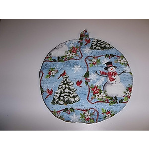 Christmas Pot Holders Snowman on Blue Handmade Heat Resistant Double Insulated Quilted Hot Pads 9 Inches Round