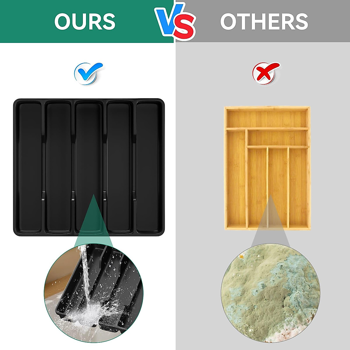 JUNLIN Silverware Organizer with Lid for Drawer Storage, Flatware Tray for Kitchen Countertop, Plastic Utensil Holder Cutlery Tray for Knives, Forks, Spoons (6 Slots)