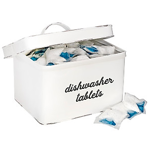 AuldHome Dishwasher Pod Holder, Tablet Container; White Enamelware Rustic Kitchen Storage Tin with Lid