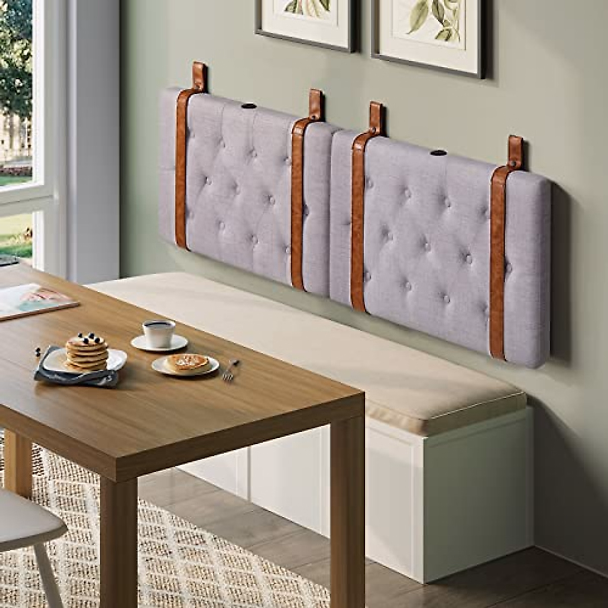 GREENSTELL Wall Mount Headboard with USB for King Size Bed, Linen Fabric Headboard Only, Industrial Pipe Modern Style, Gray Hanging Head Boards, Durable, Comfortable, Button Upholstered for Bedroom