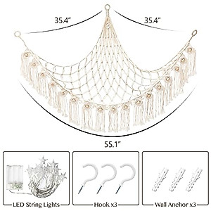 MIPON 59" Stuffed Animal Storage Hammock-Hanging Toy Organizers and Storage-Boho Wall Corner Hammock Net with LED Light and Hooks for Kids Room, Nursery, Bedroom Decor(Beige)