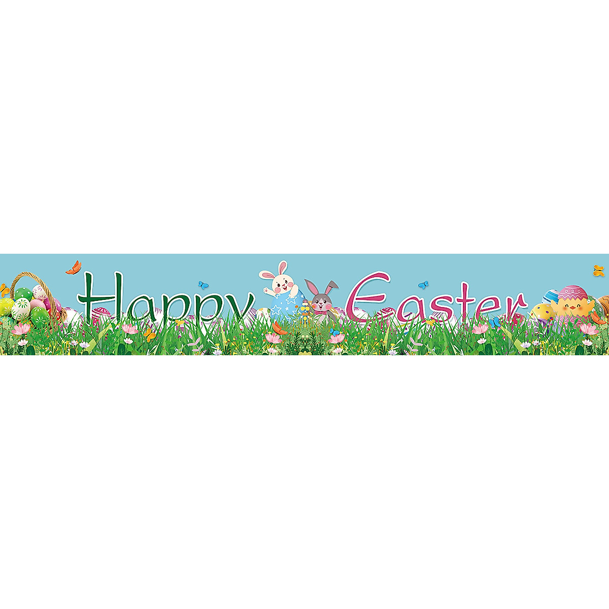 Happy Easter Banner Spring Easter Bunny Easter Eggs Decor Banner Outdoor & Indoor Yard Fence Garden Sign Hanging Door Banner 118" x 20"