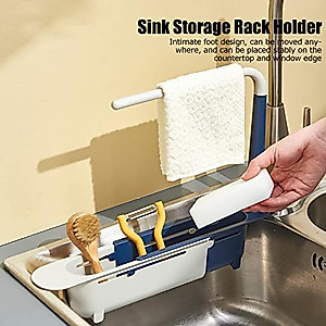 Natudeco Expandable Sink Storage Rack Countertop Sink Rack Rack Adjustable Sink Organizer Ventilation and Drainage Length Freely Adjustable for Home Kitchen (Blue)