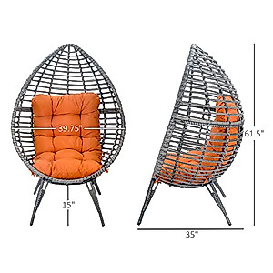 Outsunny Egg Chair w/Soft Cushion, Teardrop Cuddle Seat, Outdoor/Indoor, PE Plastic Rattan Furniture, Adjustable Height, Orange