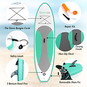 SereneLife Inflatable Stand Up Paddle Board (6 Inches Thick) with Premium SUP Accessories & Carry Bag | Wide Stance, Bottom Fin for Paddling, Surf Control, Non-Slip Deck | Youth & Adult Standing Boat