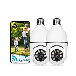 Security Camera 2K Light Bulb Security Cameras Wireless Outdoor 2pcs- 2.4/5G Hz WiFi 360° Motion Detection Cameras for Home Security Outside Indoor,Full-Color Night Vision,Siren Alarm,Indoor Camera