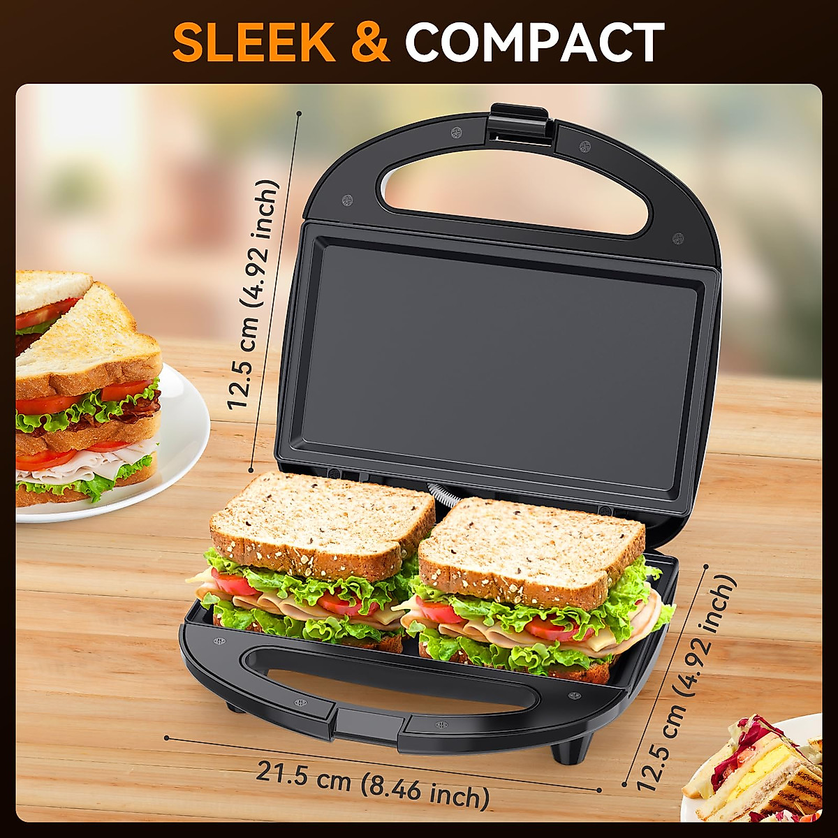 Snailar ABS07 Sandwich Maker, 2 Slice Grilled Cheese Maker with Non-stick Flat Plates, Indicator Lights, Cool Touch Handle, Easy to Clean and Store, 750 W