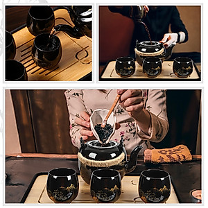 Hushee Japanese Tea Set in Gift Box Asian Tea Set Magic Teapot with 1 Teapot, 6 Tea Cups, 1 Tea Tray, 1 Stainless Infuser, Black Ceramic Chinese Porcelain Tea Set Gift for Tea Adult Lover Office Home