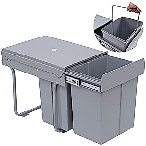 Nisorpa 40 Liter / 10.6 Gallon Dual Pull Out Trash Cans Under Cabinet Counter/Sink with Lid - Commercial Garbage Can Recycling Container Kitchen Waste Bins - Soft-Close Slides Out & Fixable Base, Gray