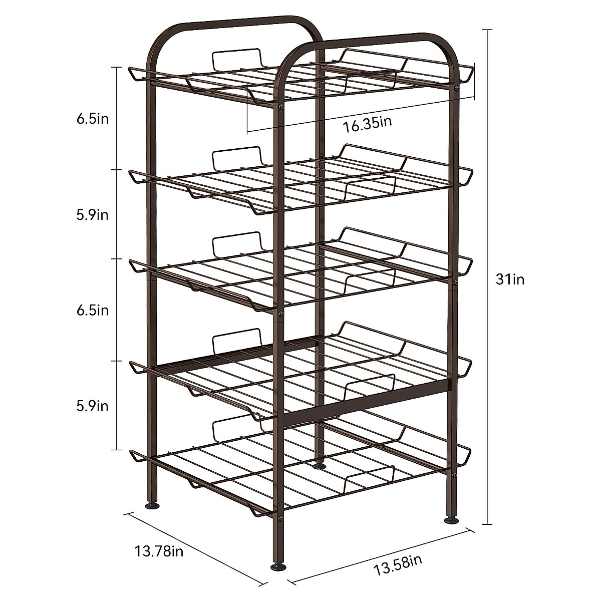 smusei 5 Tier Water Bottle Organizer Vertical Free Standing Storage Shelf Metal Beverage Rack Dispenser Large Capacity Bottled Water Holder Stand for Kitchen Party Pantry, Bronze