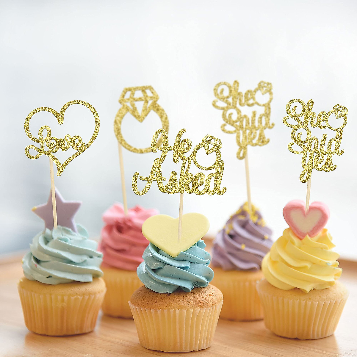 Gyufise He Asked She Said Yes Cupcake Toppers Gold Glitter Diamond Ring Heart Love Cake Picks for Wedding Engagement Party Cake Decorations 24 Pack