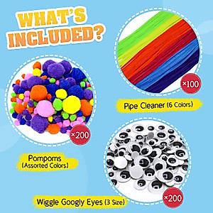 500Pcs Pipe Cleaners Craft Supplies, Including 100 Pcs Pipe Cleaners 200 Pcs Pom Poms Arts and Crafts 200 Pcs Wiggle Googly Eyes Self Adhesive