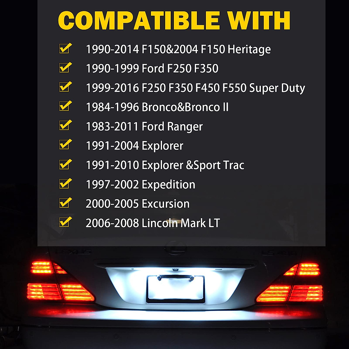 LED License Plate Light Tag Lights Assembly Compatible with Ford F150 F250 F350 F450 F550 Superduty Ranger Explorer Bronco Excursion Expedition,6000K White, 2PCS (Black)