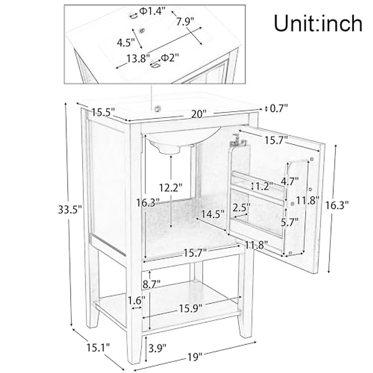 20" Freestanding Bathroom Vanity with Ceramic Sink, Wood Bathroom Storage Cabinet with Soft Closing Door, Storage Rack and Open Shelf Bathroom Vanity Sink Combo for Small Space, Green