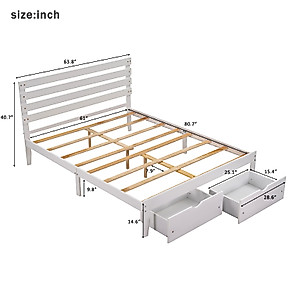 Queen Size Rustic Casual Style Platform Bed with 2 Storage Drawers & Headboard, Wooden Frames with No Box Spring Needed for Bedroom Small Space Boys Girls Adults Teens, White