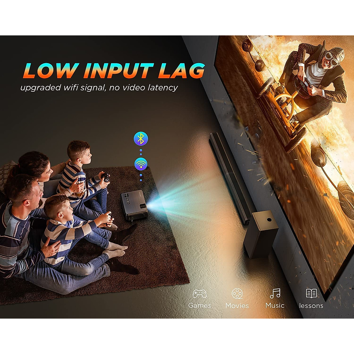 Mini Portable Projector, 1080p Supported WiFi Projectors, Native 720P Outdoor Movie Projector, 8000L & 200 Inches Mini Projector for iPhone, Compatible w/TV Stick, PC, Laptop, DVD Player