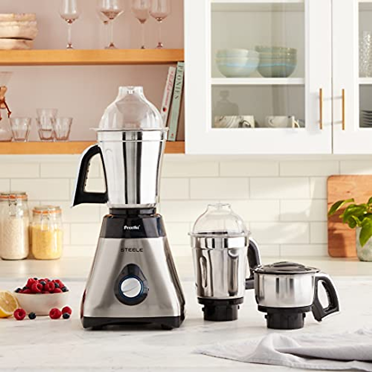 Preethi Steele 3-Jar Mixer Grinder, 550-Watt, Silver