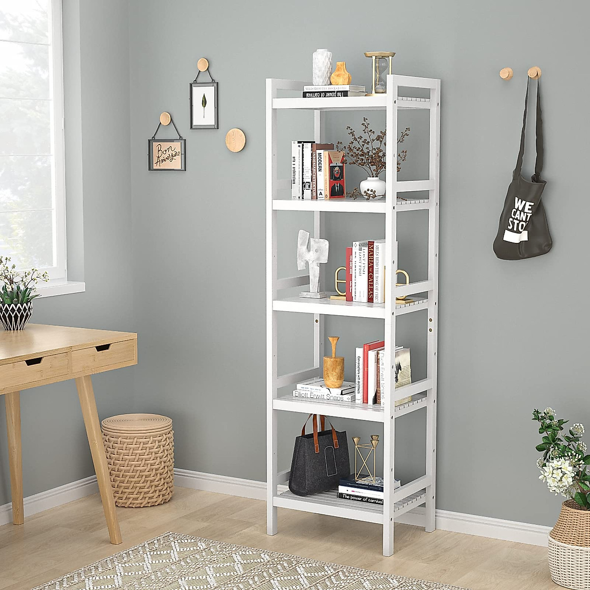 Homykic Bamboo Bookshelf, 5-Tier Narrow 55.9” Adjustable Book Shelf Bookcase Bathroom Shelves Freestanding Storage Stand for Living Room, Bedroom, Kitchen, Rust Resistance, Easy Assembly, White