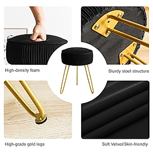 LUE BONA Pleated Vanity Stool, Velvet Upholstered Vanity Stool for Makeup Room, Round Mondern Stool for Vanity, Ottoman Footrest Stool with Metal Legs for Living Room, Bedroom, Black