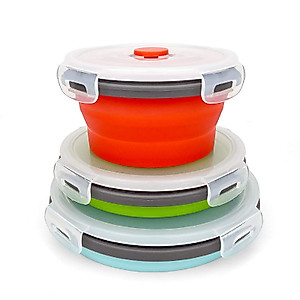 CARTINTS Round Collapsible Bowls with Lids, Reusable Silicone Food Storage Containers, 3Pack 350-500-800ML, Stackable Space Saving, Microwave and Freezer Safe, Meal Prep Container