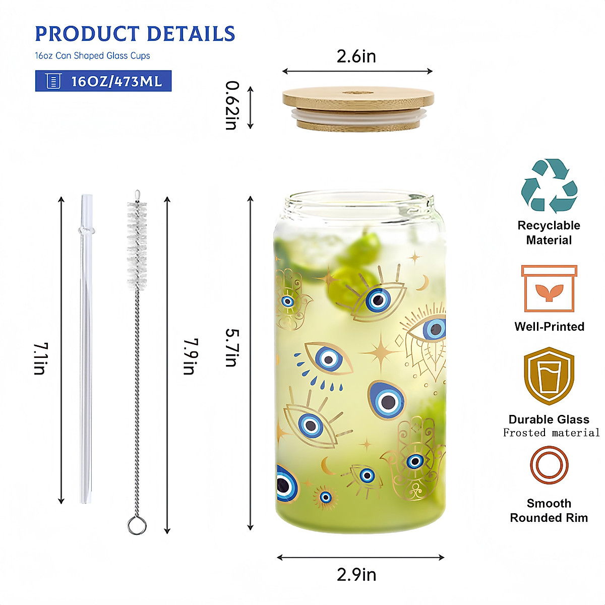 vradcorel Evil Eye Glass Cups With Bamboo Lids And Straws - Iced Coffee Cup Home Decor -Ojo Turco Drinking Glasses for Beer -Cute Can Shaped for Latte,Soda,Smoothie Whiskey -Gift for Women