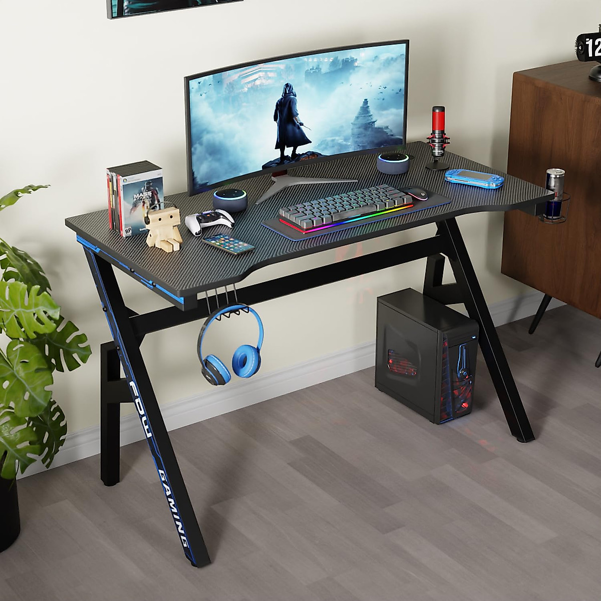 PayLessHere 47 Inch Gaming Desk PC Carbon Fiber Table Ultimate Gamer Workstation with Cup Holder & Headphone Hook for Home Office,Blue (Blue)