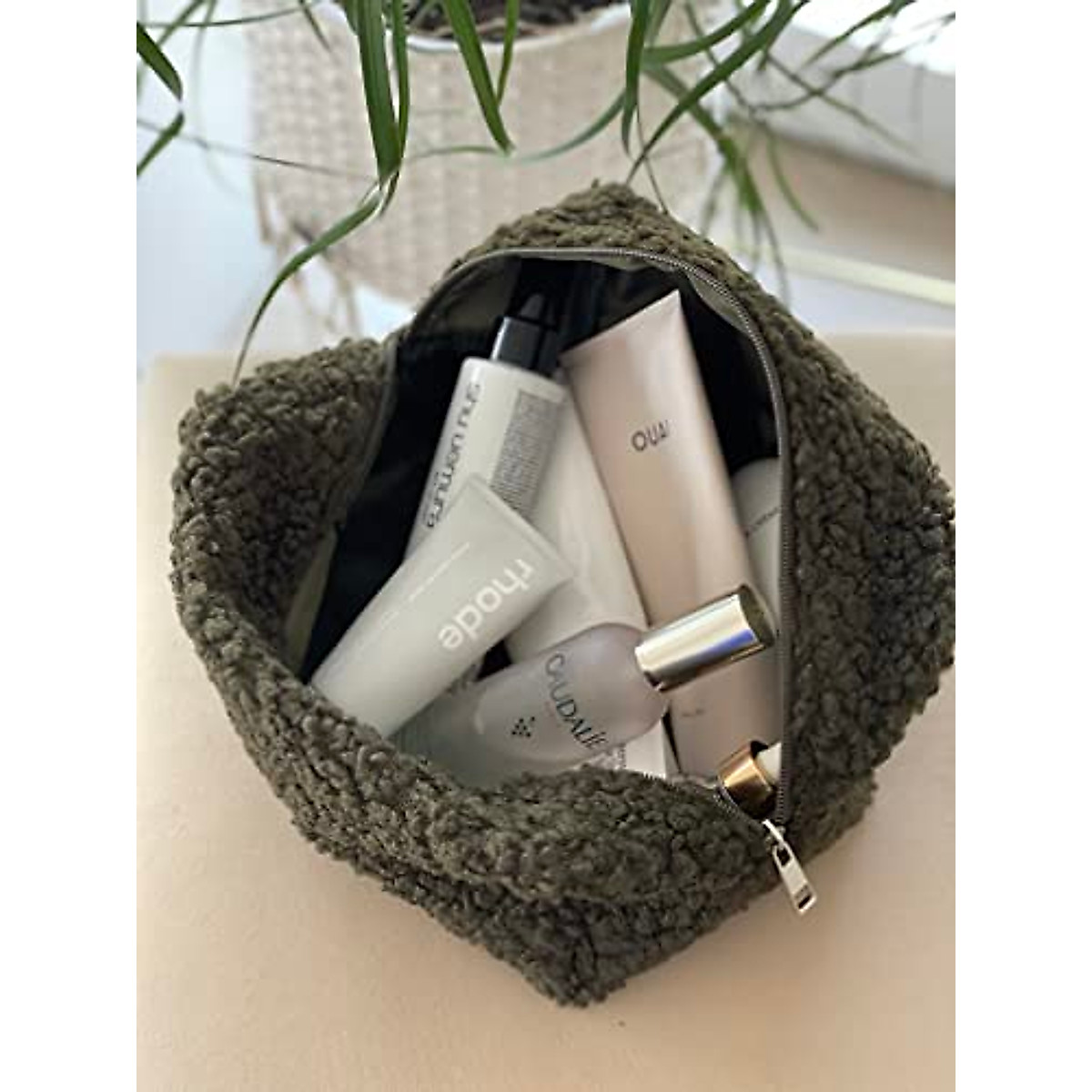 Boucle Cosmetics Toiletry Makeup Bag Large Aesthetic Makeup Travel Accessories Gift Idea (Olive Green Boucle)