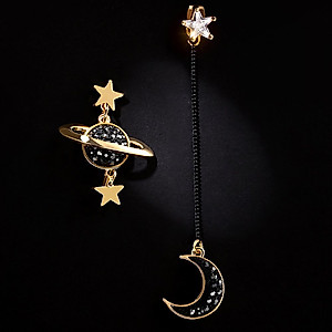 GooNight Asymmetrical droop Black Moon and Star Dangle Earrings Gold Plated Cubic Zirconia Sterling Silver Jewelry for Girls and Women