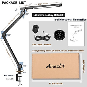 AmazLit Desk Lamp with Clamp, Eye-Care Swing Arm Desk Lamp, Stepless Dimming & Adjustable Color Temperature Modern Architect Lamp with Memory & Timing Function for Study, Work, Home, Office, 10W