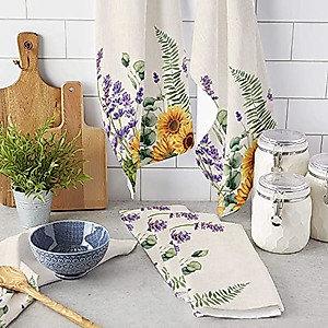 Kitchen Towels Set of 2 Green Leave Tea Dish Towels and Dishcloths Sets Decorative Tea Towel Yellow Sunflower Purple Lavender Absorbent Hand Towels for Kitchen Drying Bathroom Decor Gift 18x28 Inch