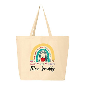shop4ever Custom Personalized Teacher Teach Love Inspire Rainbow Jumbo Heavy Canvas Tote Reusable Shopping Bag 10 oz Natural 1 Pack