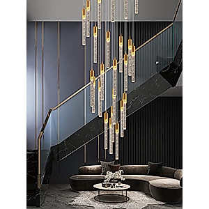 Flashing God H-11.5feet Staircase Crystal Chandeliers Modern 20-Lights Foyer Entrway Long Pendant Chandeliers High Ceiling Crystal Chandeliers with LED Dimmable 3000-6000K Lighting Fixture