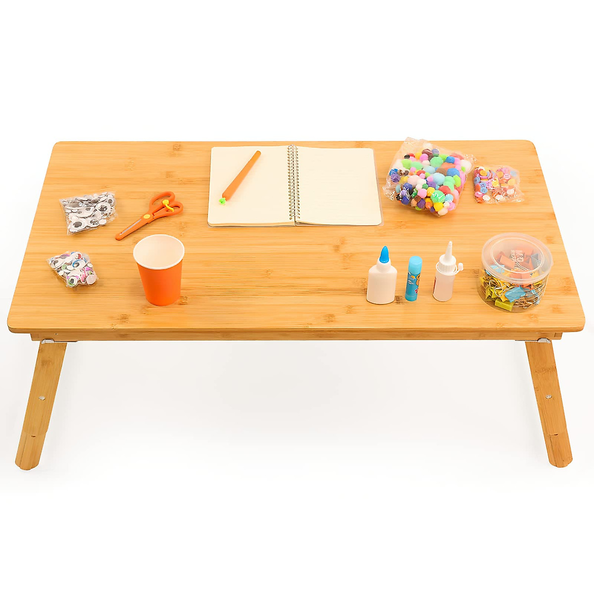 Adjustable Large Size Laptop Desk,Bamboo Lap Table Bed Tray,Foldable 4 Legs Serving Tray Working, Eating and Gaming for Bed,Couch,Floor， 33.5x17.7in