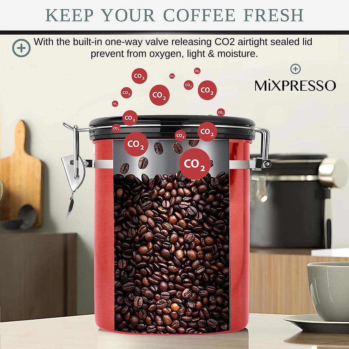 Mixpresso 16 Oz Coffee Canister Red, Stainless Steel Airtight Coffee Container, Ground Coffee Bean Storage with Date Tracker, Vacuum Sealed Espresso Airtight Container, Coffee Jar, Sugar Container