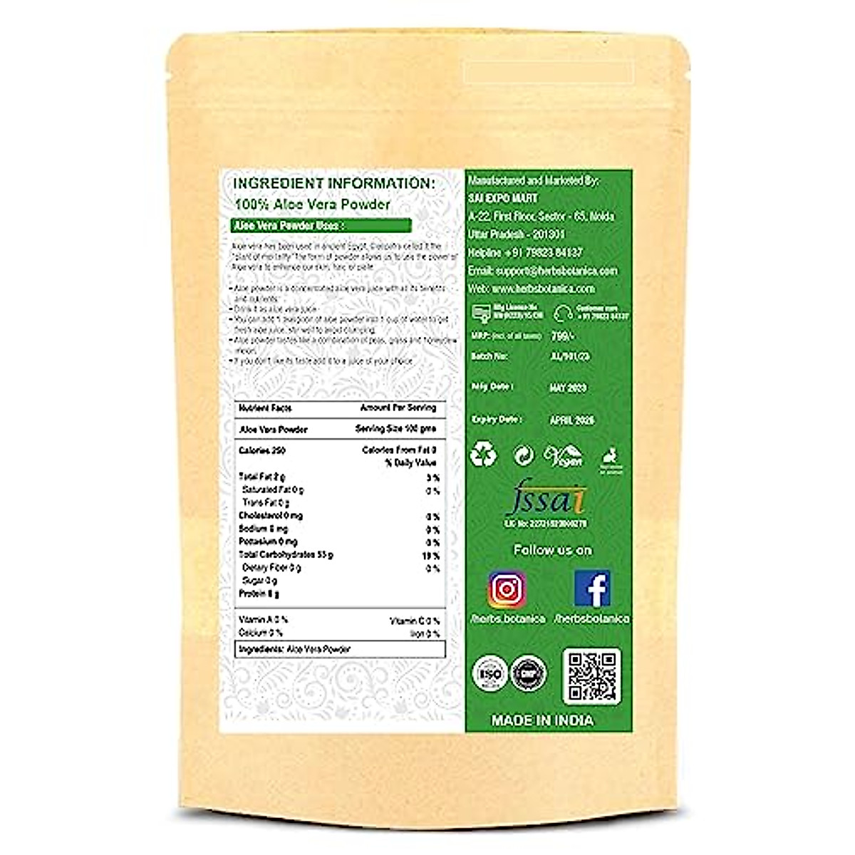 Herbs Botanica Aloe Vera Powder Organic for Hair Growth, Skincare, Haircare Organic, Moisturizing, and Soothing Aloe Barbadensis Vegan NO GMO 5.3oz /150g