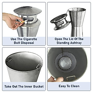 AIWFL Stainless Steel Butt Receptacle Outdoor Trash Can with Lid, Floor Standing Garbage Ash Bin Waste Container Trash Receptacle for Patio Shopping Center Office and Hotel