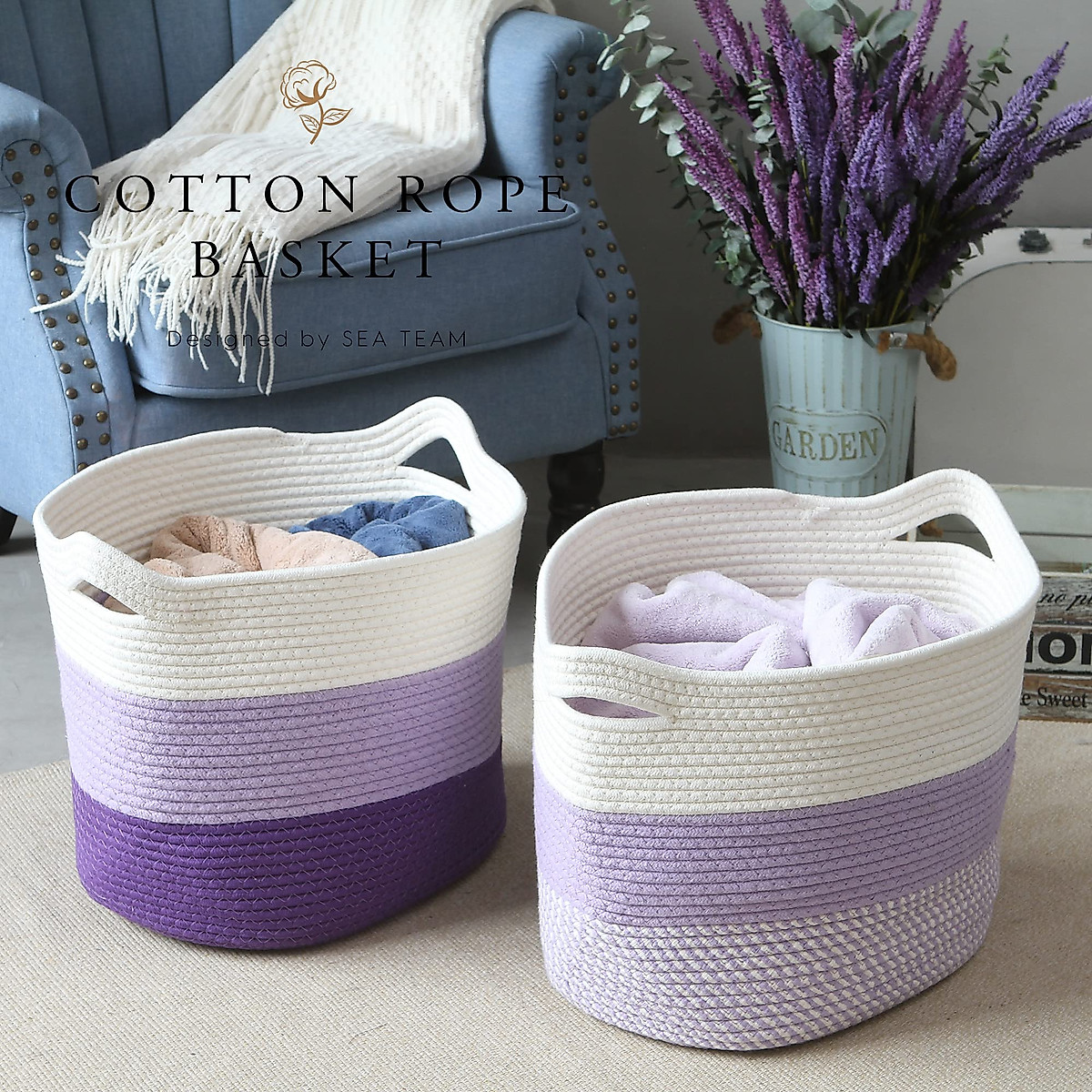 Sea Team Oval Large Cotton Rope Woven Storage Basket with Handles, White & Mottled Lavender, 16 x 13 inches