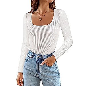 ZESICA Women's 2023 Long Sleeve Square Neck Shirts Fall Clothes Slim Fitted Ribbed Knit Sweater Basic Tee Tops,White,Large