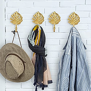 MyGift Vintage Gold Leaf Design Wall Hanging Hooks, Metal Monstera Leaves Wall Mounted Entryway Storage Coat Hooks, Set of 4 - Handcrafted in India