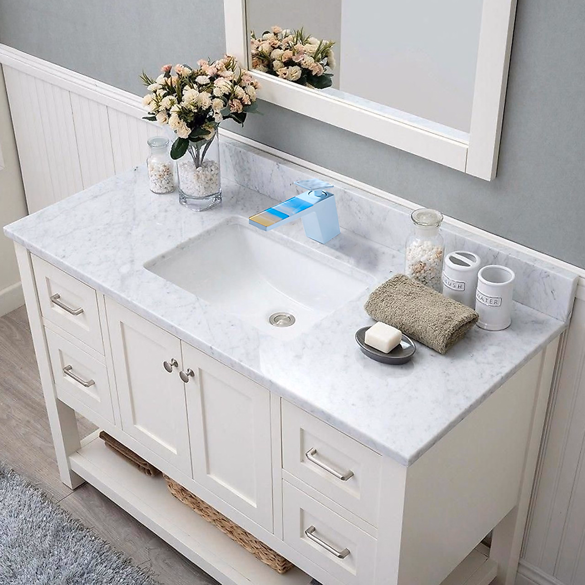 Bathroom Faucet for Sink 1 Hole,Blue Modern One-Handle Single Hole Bathroom Faucet,Brass Sink Vanity Faucets with Supply Hoses for RV Lavatory Restroom