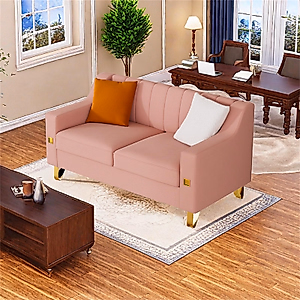 VLUOO 58” Velvet Pink Sofa Couch with Gold Accents, 2-Seat Modern Velvet Loveseat Sofa with Plush Cushions, Perfect for Living Room and Office