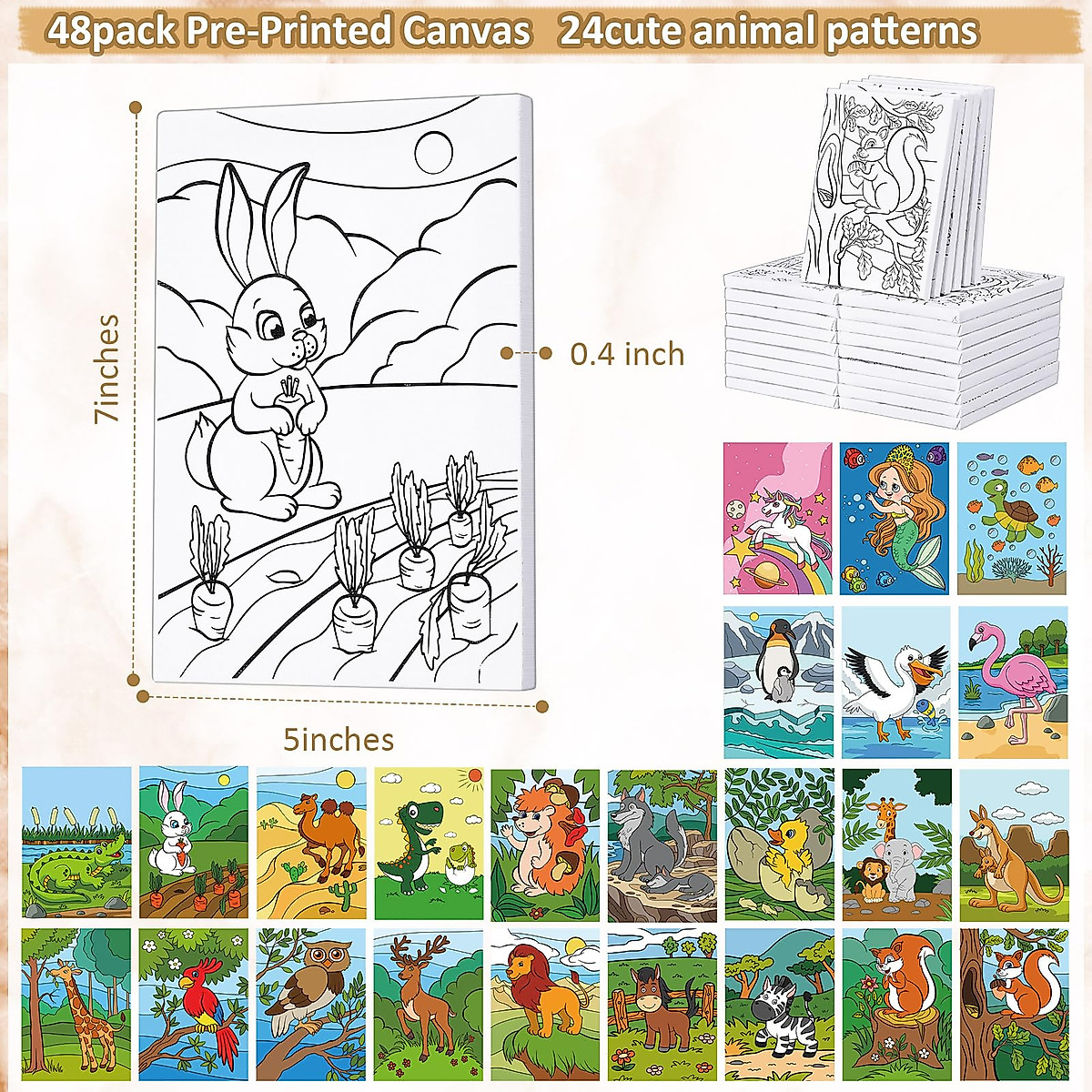 Thenshop 48 Pcs Animal Pre Drawn Canvas 5 x 7 Inch Painting Art Set Pre Stenciled Art Show Display Panels Outline Painting Canvas Bulk for Home School Kids Adults Beginners Student Party Gifts