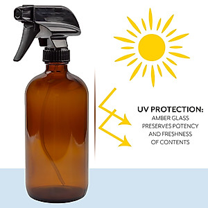 Cornucopia Brands 16oz Amber Glass Spray Bottles w/Reusable Chalk Labels (2 Pack), Heavy Duty Mist & Stream 3-Setting Sprayer; Great for Essential Oils