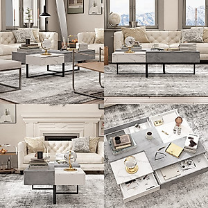 ECACAD Modern Design Coffee Table with 4 Drawers & Metal Legs, Wood Center Table with Marble Grain for Living Room, Office, Grey & White (51.2”L x 27.6”W x 15.4”H)