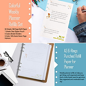 Rancco A5 Planner Inserts Weekly Planner Refills, 90 Pages Colorful 6-Ring Loose-leaf Paper Binder Inserts w/Divider, PVC Pouch, Ruler, Index Tab for Journal, Filofax, Double-sided, Undated, 8.3x5.6"