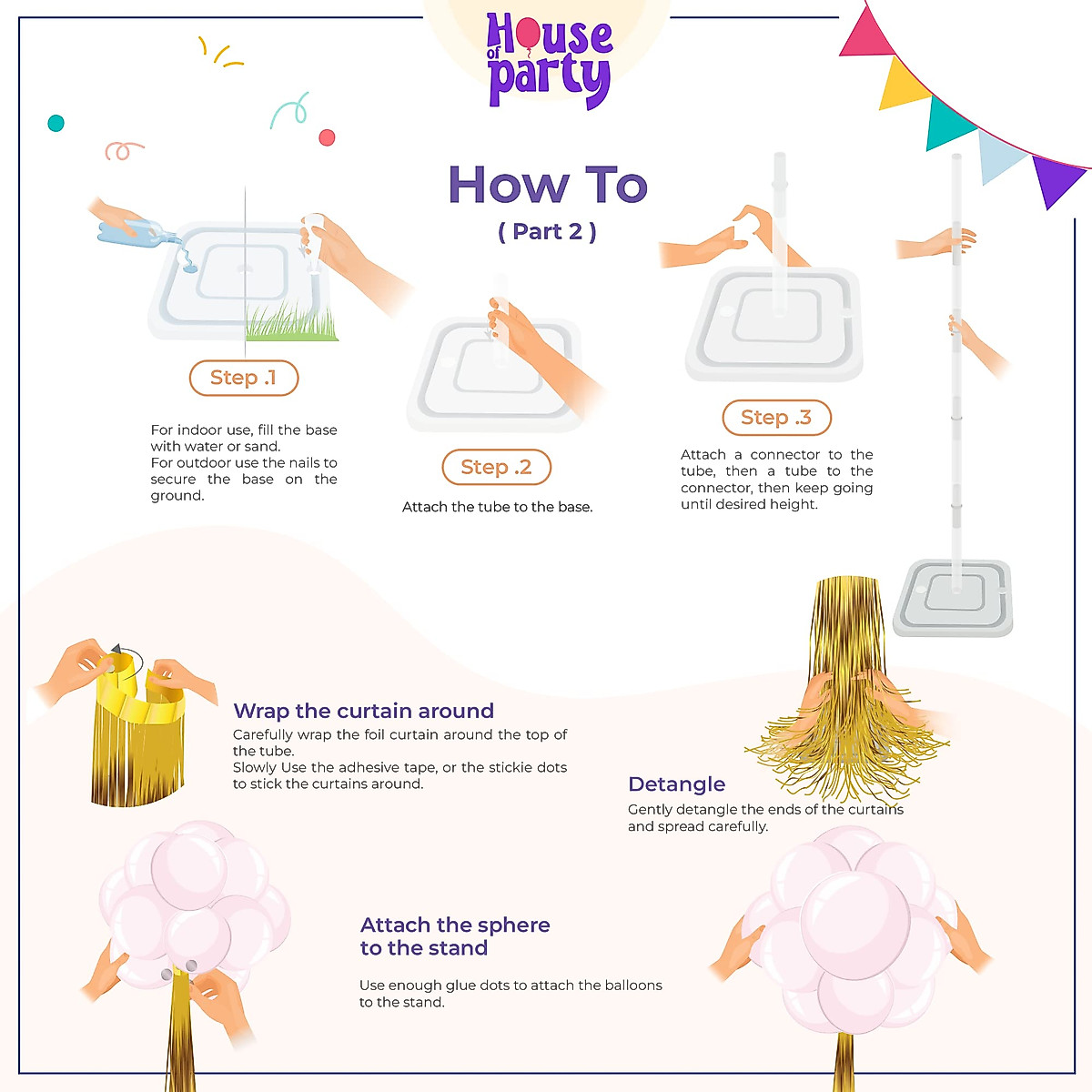 HOUSE OF PARTY DIY Balloon Topiary Stand - Balloon Holder with White Balloons & Gold Foil Curtain, Centerpiece Balloon Column for Wedding & Engagement Decorations