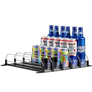 RULA Drink Organizer for Fridge, Self-Pushing Soda Can Dispenser for Refrigerator, Width Adjustable Water Bottle Pusher Glide, 16.2" D, 5 Rows, Black