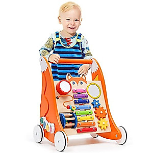 Wooden Baby Walker Baby Push Walker with Multiple Entertainment Activity Center, Sit-to-Stand Learning Baby Walkers for 1 Year Old Boys Girls Infants