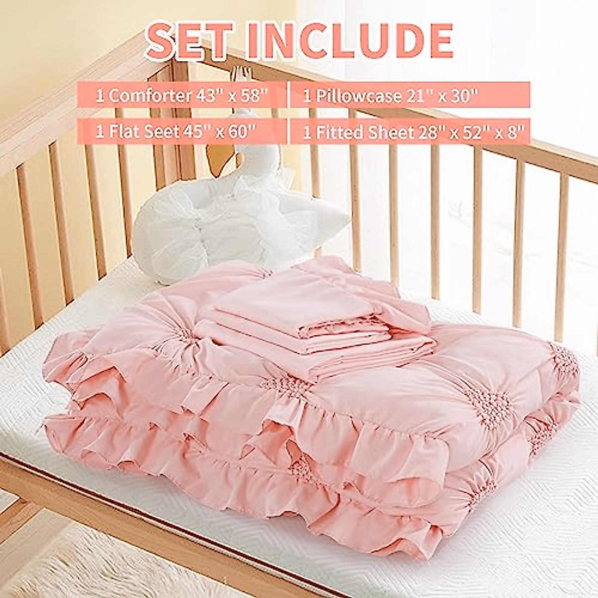 HOMBYS 4 Pieces Pink Princess Toddler Bedding Set for Girls Kids, Ultra Soft Blush Pinch Pleat Comforter Set with Ruffles for All Season
