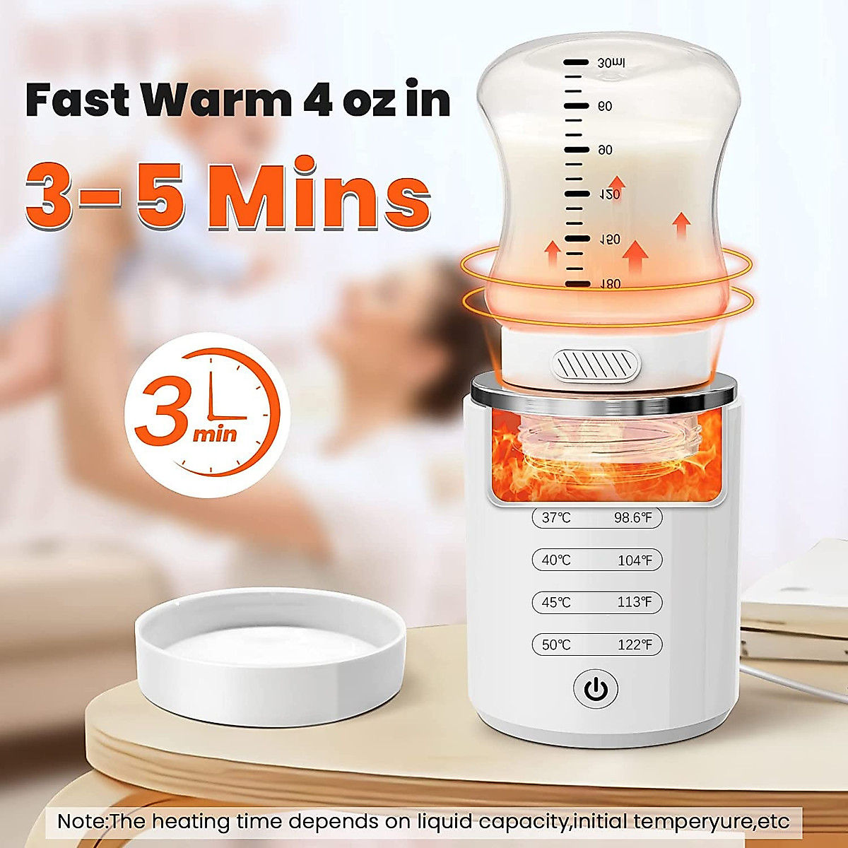 Bioby Portable Bottle Warmer, Baby Bottle Warmer with 3 Adapters, 3 Min Fast Heating for Breastmilk, Formula and Water, Accurate Temperature Control, Travel Bottle Warmer On The Go